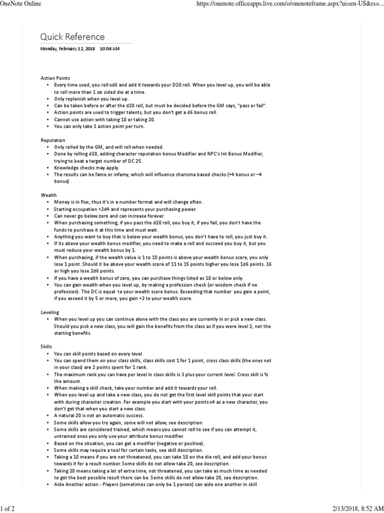 D20 Modern Quick Reference | PDF