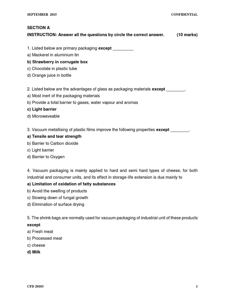 Test 1 Food Packaging Answer Scheme | PDF | Packaging And Labeling | Carbon