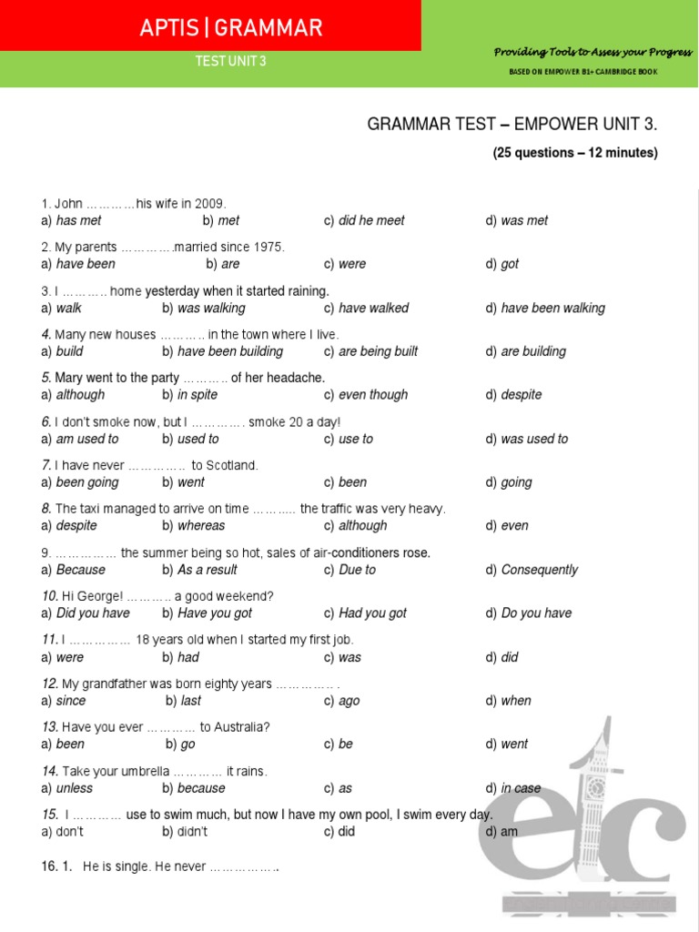 Grammar - Vocabulary Test Unit 3 PDF | PDF
