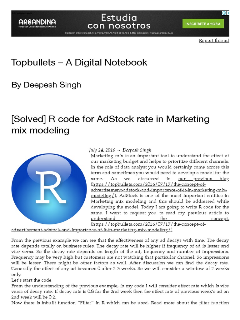 (Solved) R Code For AdStock Rate in Marketing Mix Modeling - Topbullets ...