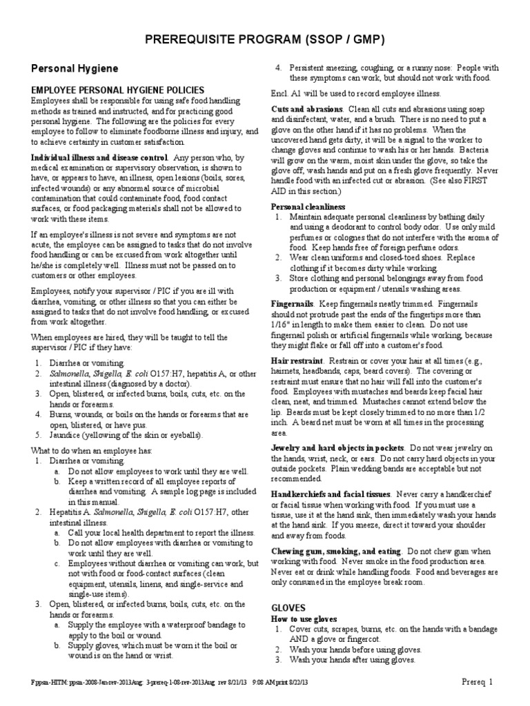 Prerequisite Program (Ssop / GMP) : Personal Hygiene | PDF | Hygiene ...