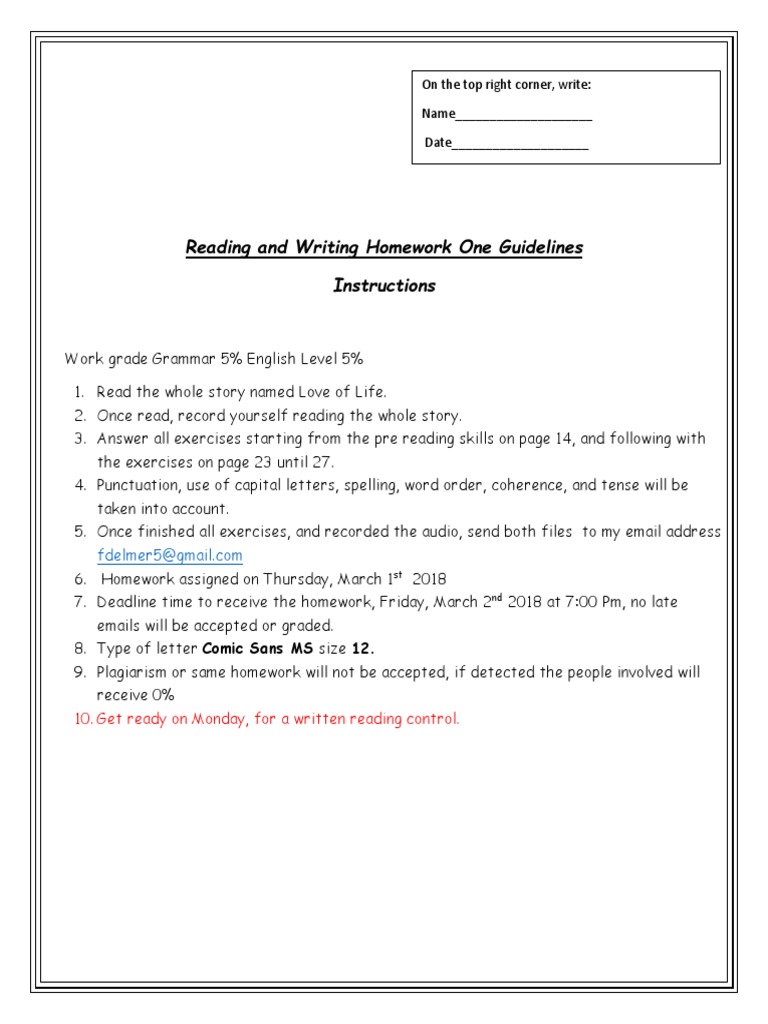 Reading and Writing Homework One Guidelines Instructions: Work Grade ...
