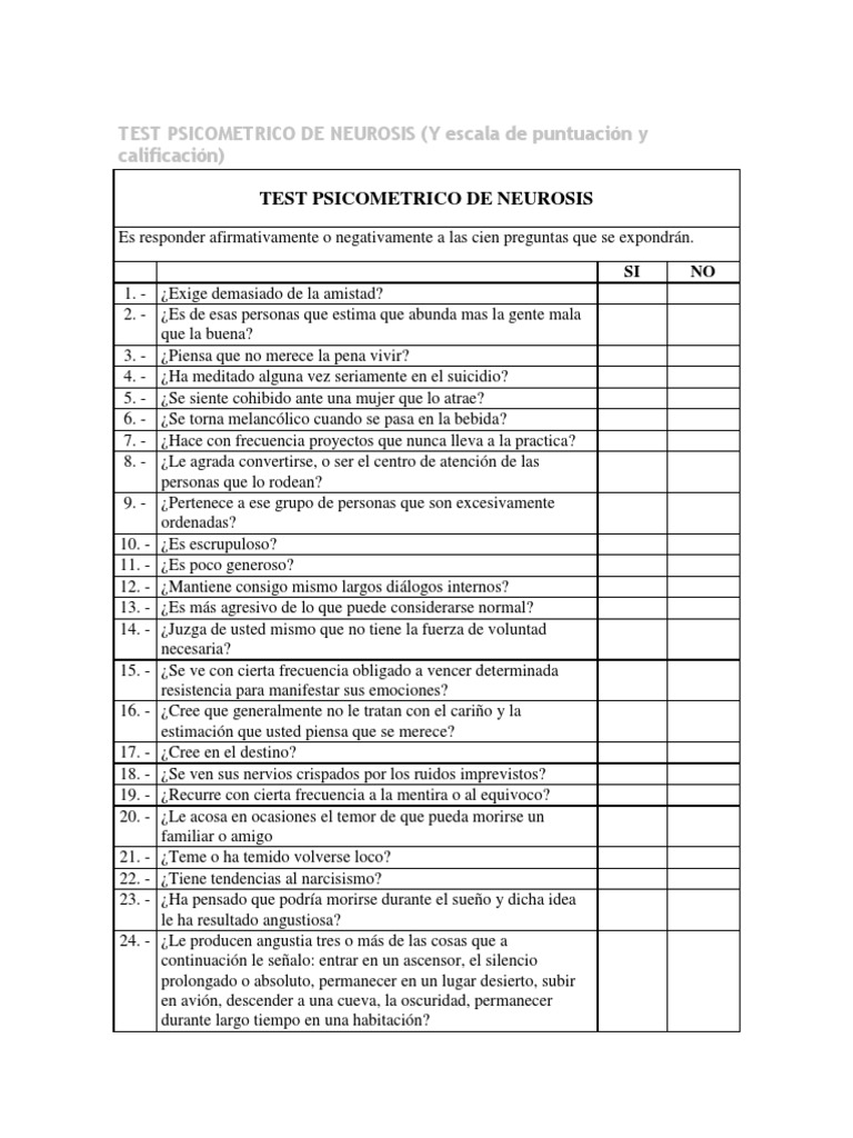 Test Psicometrico de Neurosis Versión Corta | PDF | Sicología