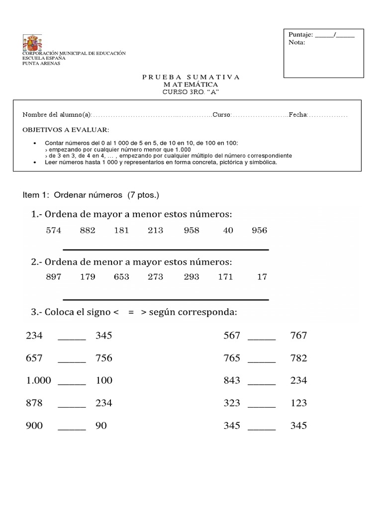 Prueba de Matematica Numeros Hasta El 1000 | PDF