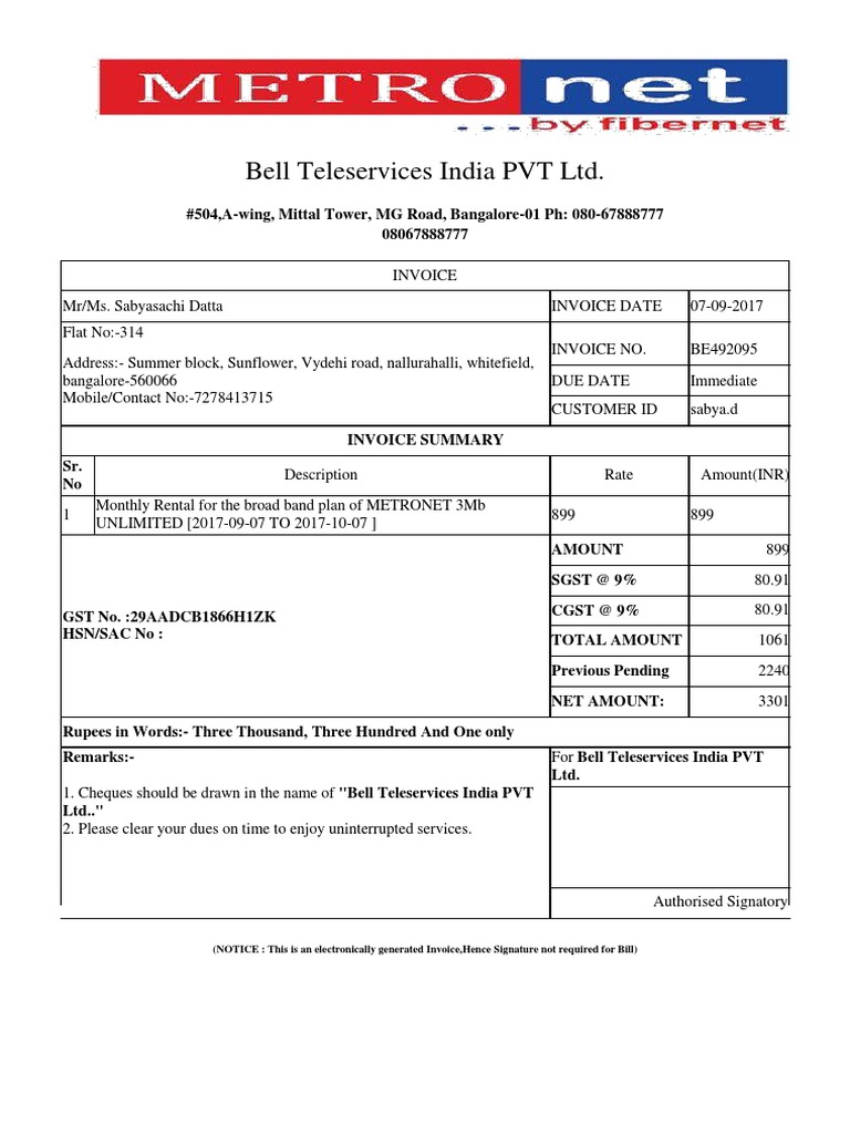 Bell Teleservices India PVT LTD | PDF | Business Documents | Invoice