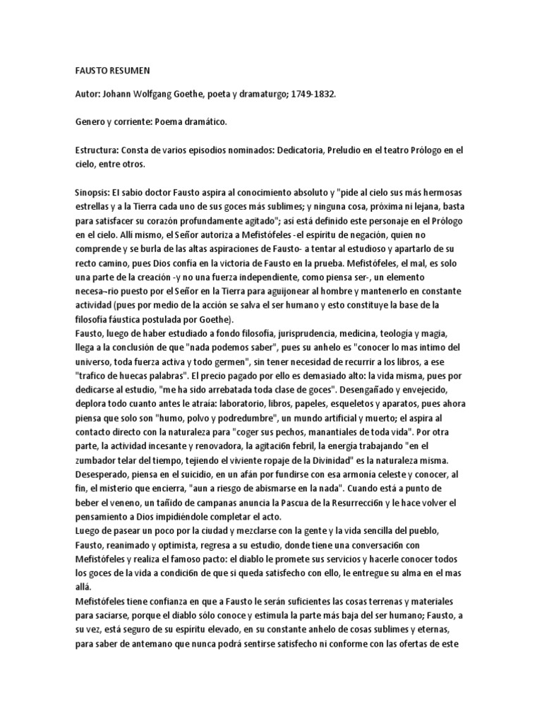 Resumen Fausto | PDF | Fausto | Fausto de Goethe