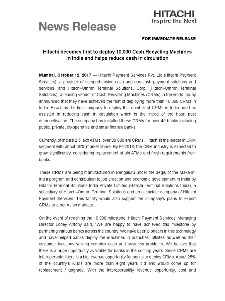 Hitachi Becomes First To Deploy 10000 Cash Recycling Machines | PDF ...