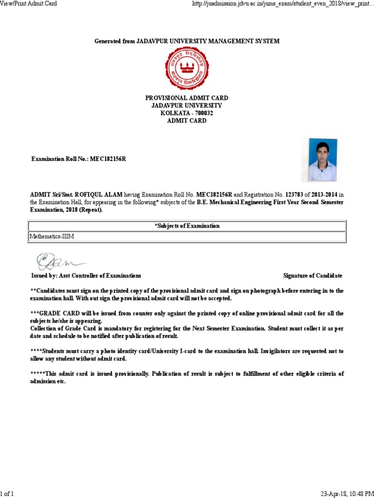 1st Yr 2nd Sem R Admit | PDF