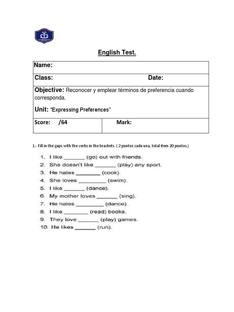 English Test. Name: Class: Date: Objective | PDF