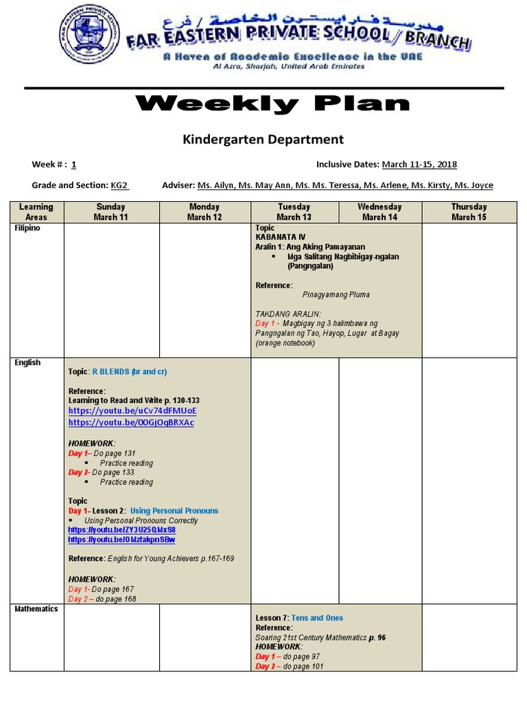 Weekly Plan kg2 March 11-15 | PDF | Behavior Modification
