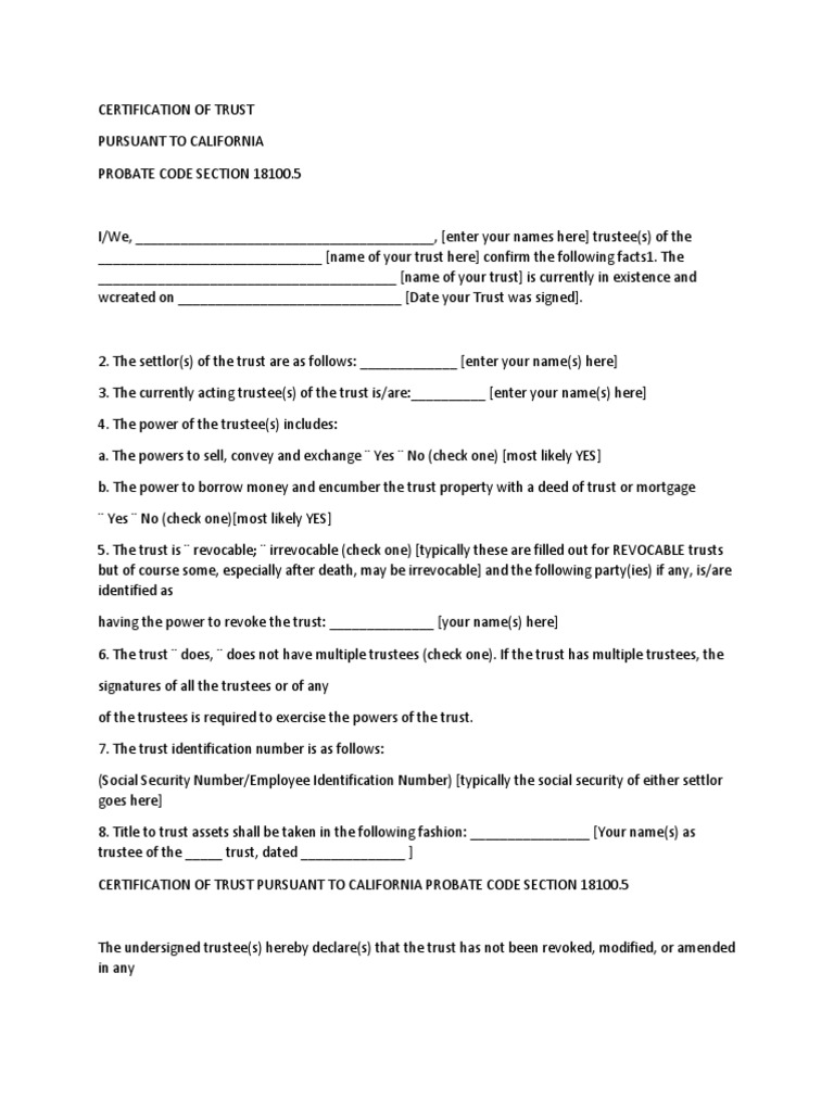 Certification of Trust1 | PDF | Deed Of Trust (Real Estate) | Real ...
