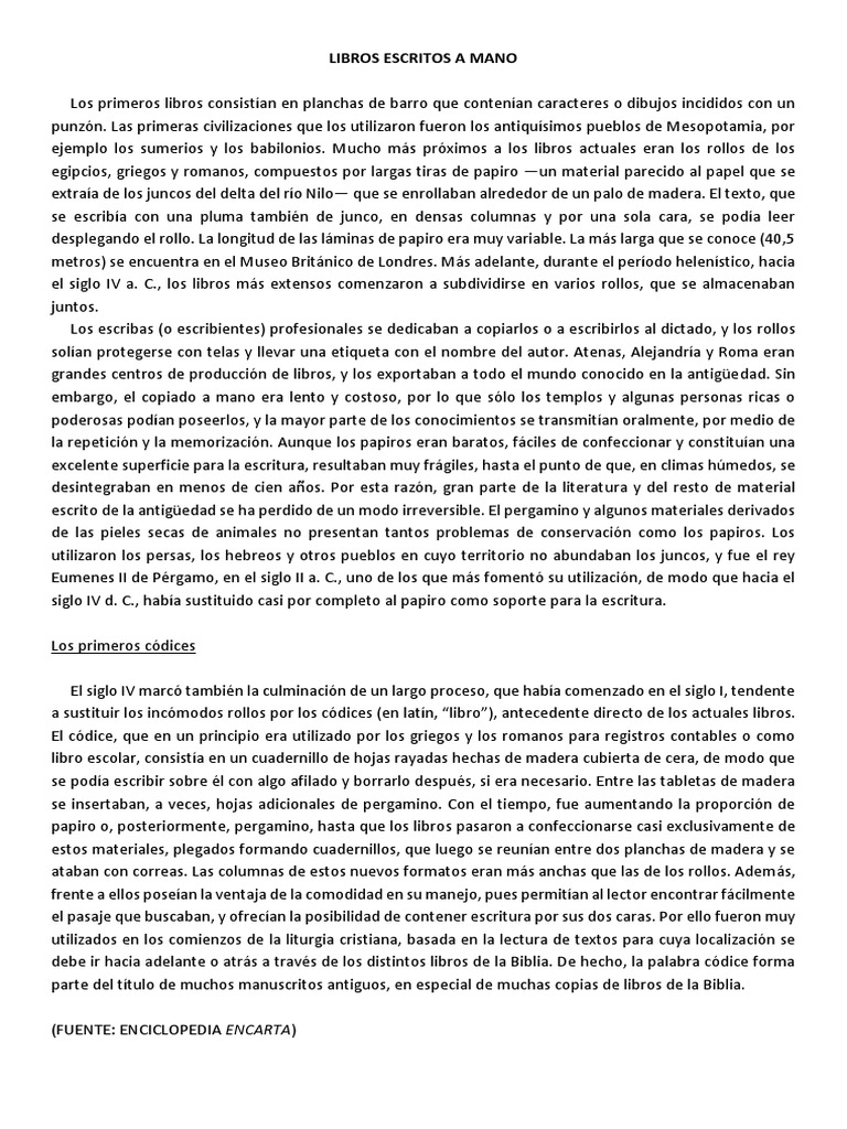Historia de los Libros Escritos a Mano | PDF | Códice | Libros