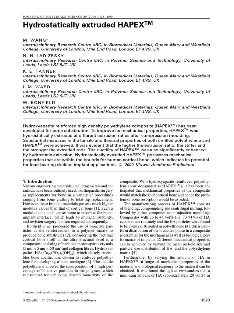 Hydrostatically Extruded HAPEX: JOURNALOFMATERIALSSCIENCE35 (2000) 1023 ...