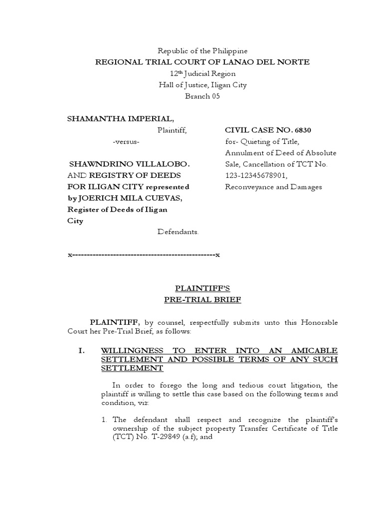 Pre Trial Brief Plaintiff | PDF | Title (Property) | Lawsuit