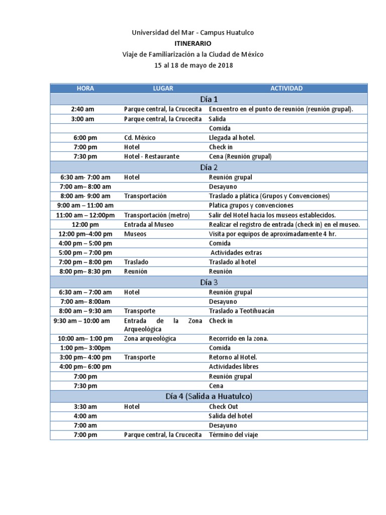 Itinerario de Viaje a Ciudad de México | PDF | Hotel y alojamiento ...
