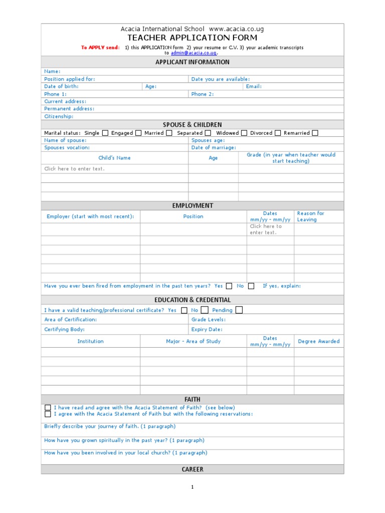 Teacher Application Form: Applicant Information | Download Free PDF ...