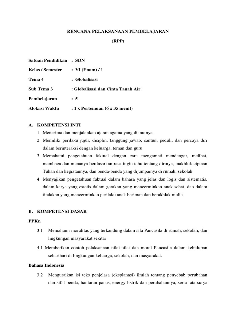 RPP Kls 6 Tema 4 Subtema 3 PB 5 Yudha | PDF