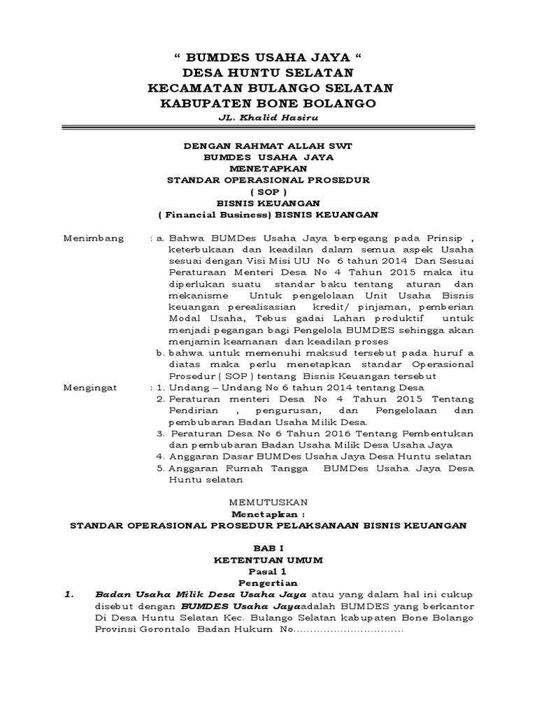 SOP Bisnis Keuangan BUMDes Usaha Jaya | PDF