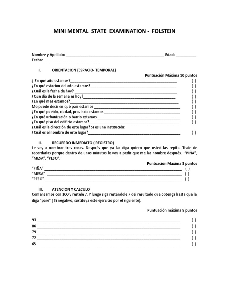 Formato Del Mini Mental | PDF | Oración (Lingüística) | Ciencia cognitiva