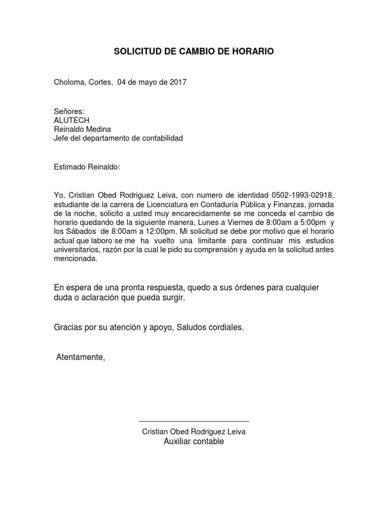 Solicitud De Cambio De Horario Pdf