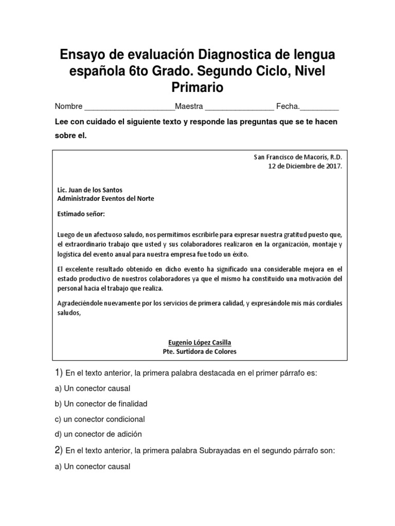 Evaluación Diagnóstica Lengua 6to Grado | PDF | Caligrafía | Escritura