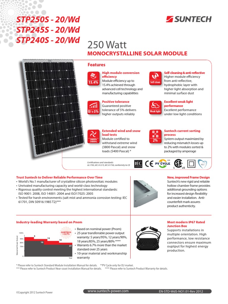 Suntech 250 Datasheet PDF | PDF | Solar Panel | Electrical Engineering