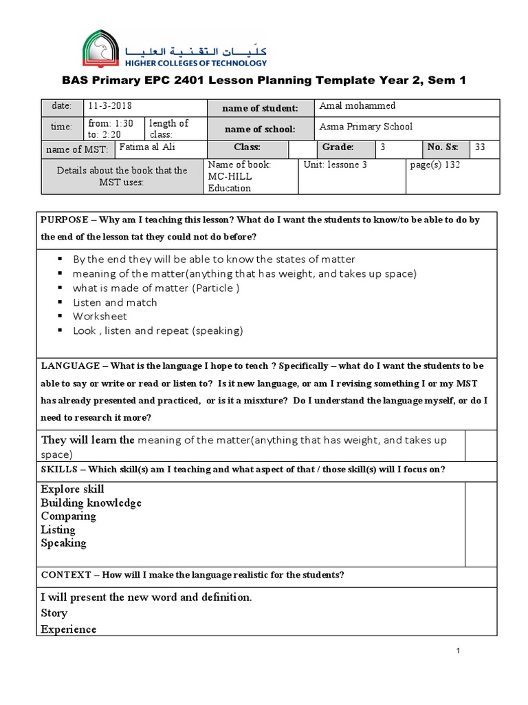 BAS Primary EPC 2401 Lesson Planning Template Year 2, Sem 1: Name of Student: Name of School ...