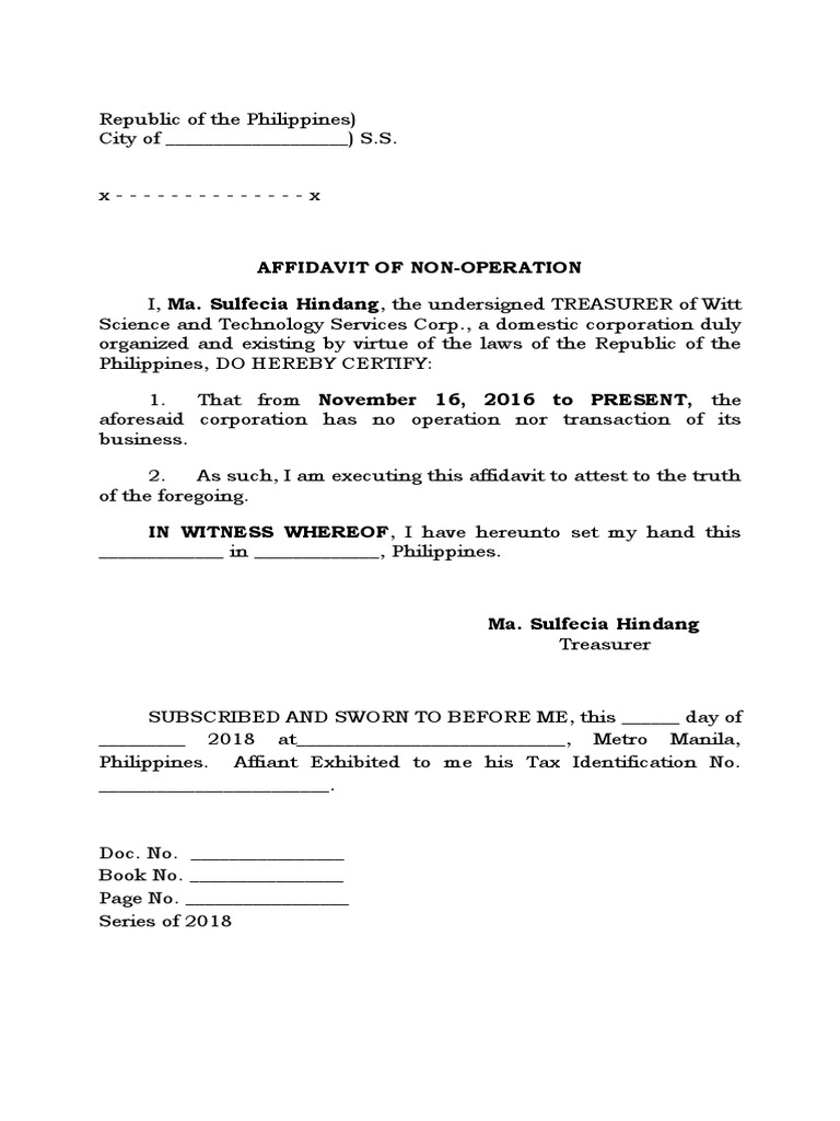 Affidavit of Non Operation Witt