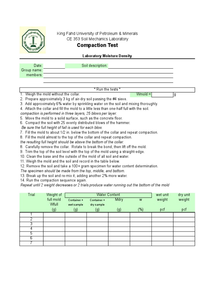 Compaction Test: King Fahd University of Petroleum & Minerals CE 353 ...