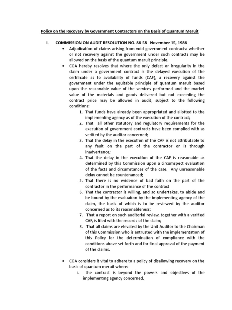COA and The Quantum Meruit Principle | PDF | Government Procurement In ...