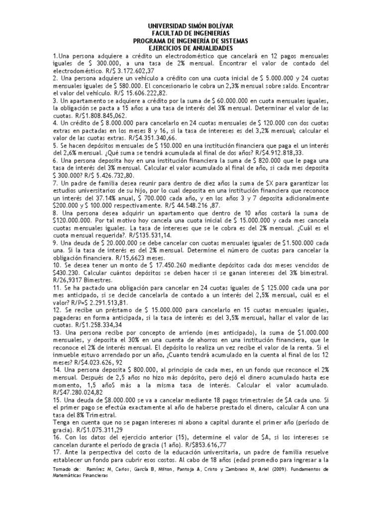 Ejercicios resueltos sobre cálculos financieros de anualidades, valor futuro, valor presente y ...