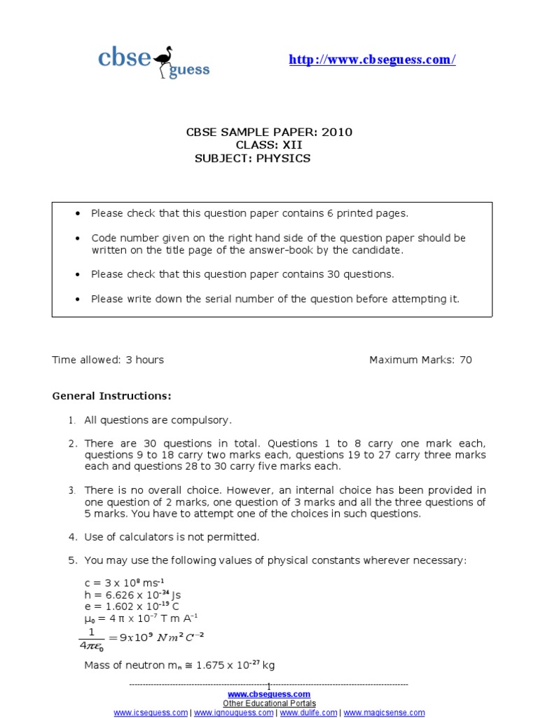 Cbse Sample Paper: 2010 Class: Xii Subject: Physics: General Instructions | PDF | Radioactive ...