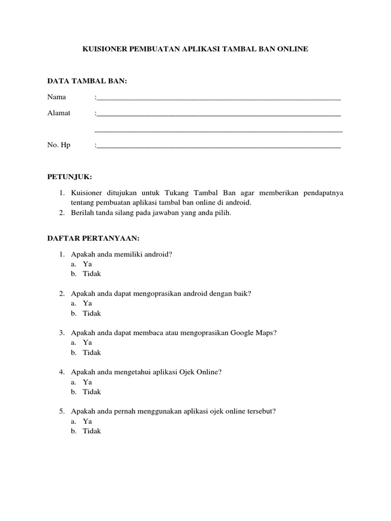 Quisoner Pembuatan Aplikasi Tambal Ban Online | PDF