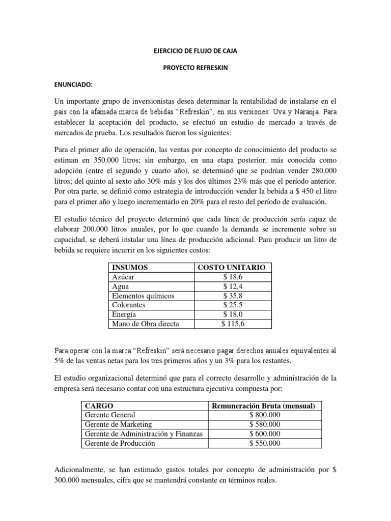 Ejercicio de Flujo de Caja Enunciado Refreskin | Euro | Inversiones