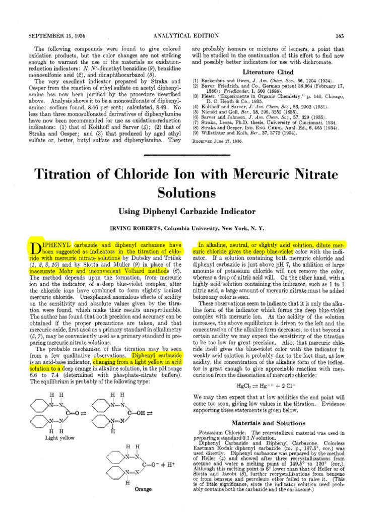 Titration of Chloride Ion With Mercuric Nitrate | PDF | Titration ...