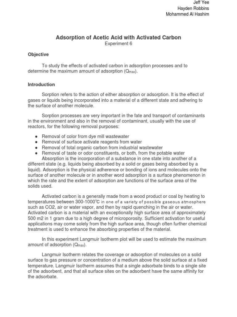 Acetic Acid Adsorption on Activated Carbon | PDF | Adsorption ...