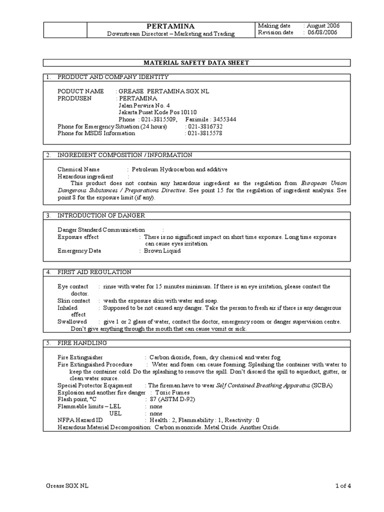 Msds Grease Pertamina SGX-NL | PDF | Toxicity | Carbon
