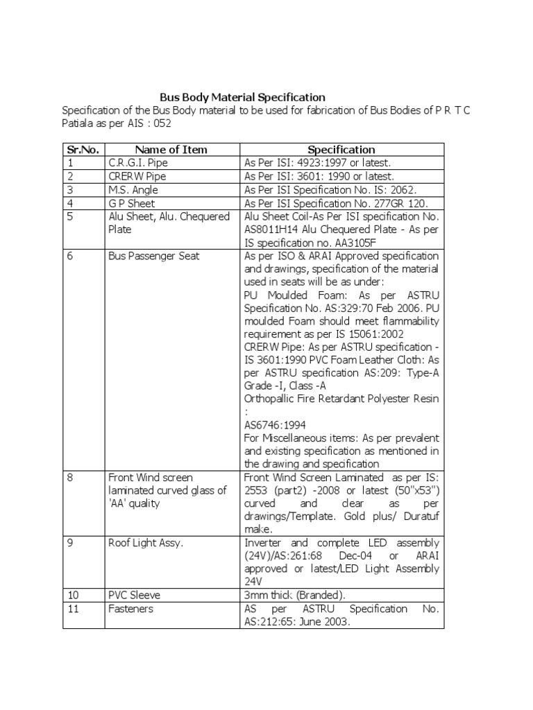 Bus Body Material Specification PRTC | PDF | Door | Building Engineering