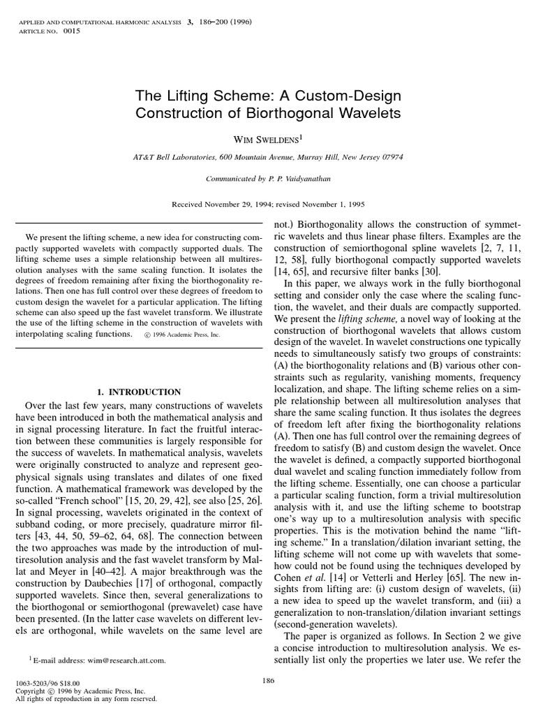 (1995) The Lifting Scheme A Custom-Design Construction of Biorthogonal Wavelets PDF | PDF ...
