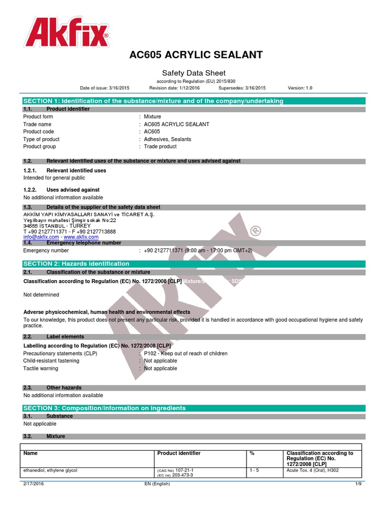 Ac605 Acrylic Sealant | PDF | Dangerous Goods | Toxicity