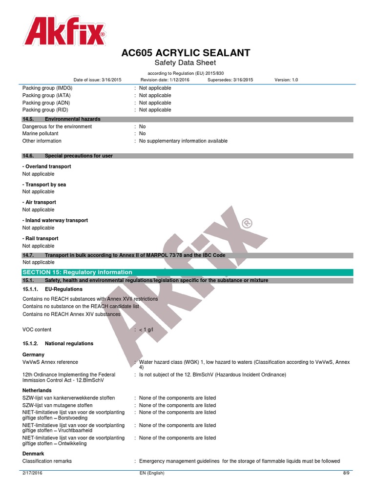 Safety Data Sheet for AC605 Acrylic Sealant: Regulatory Compliance ...
