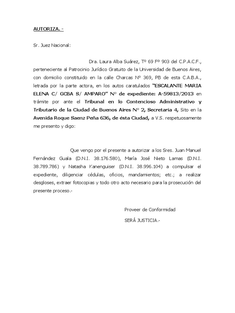 Modelo de AUTORIZA escrito judicial Modelo de AUTORIZA escrito judicial