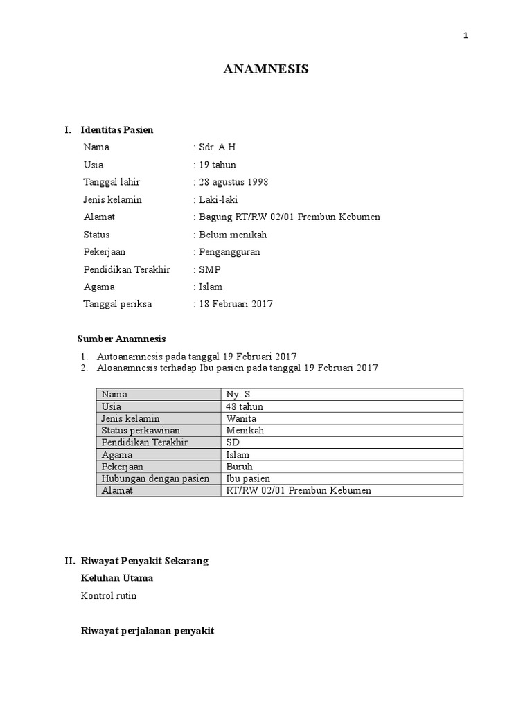 Anamnesis: I. Identitas Pasien | PDF