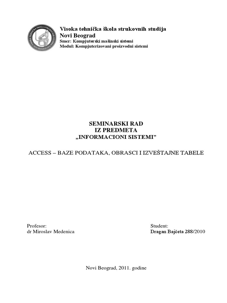 Access - Baze Podataka, Obrasci I Izveštajne Tabele | PDF