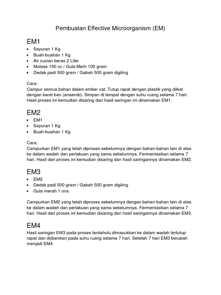 Pembuatan EM1 hingga EM4 Mikroorganisme | PDF | Cooking, Food & Wine