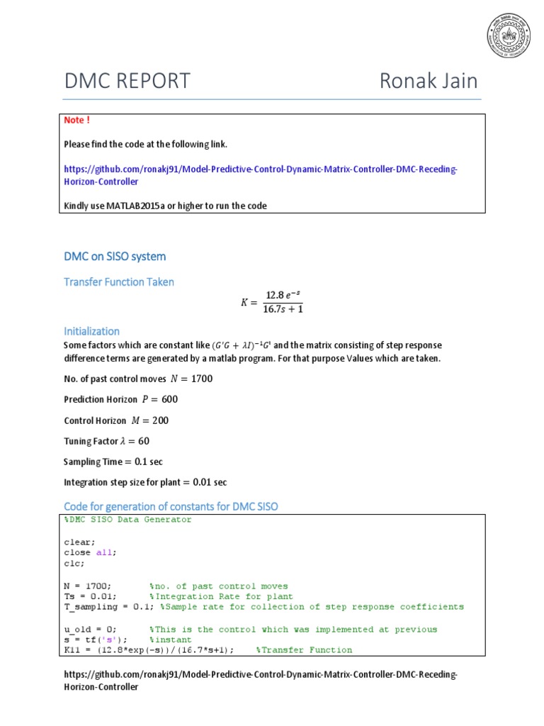 DMC Implementation Guide | PDF | Matlab | Exponential Function