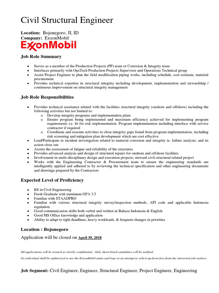 Civil Structural Engineer Job at ExxonMobil | PDF | Engineer ...