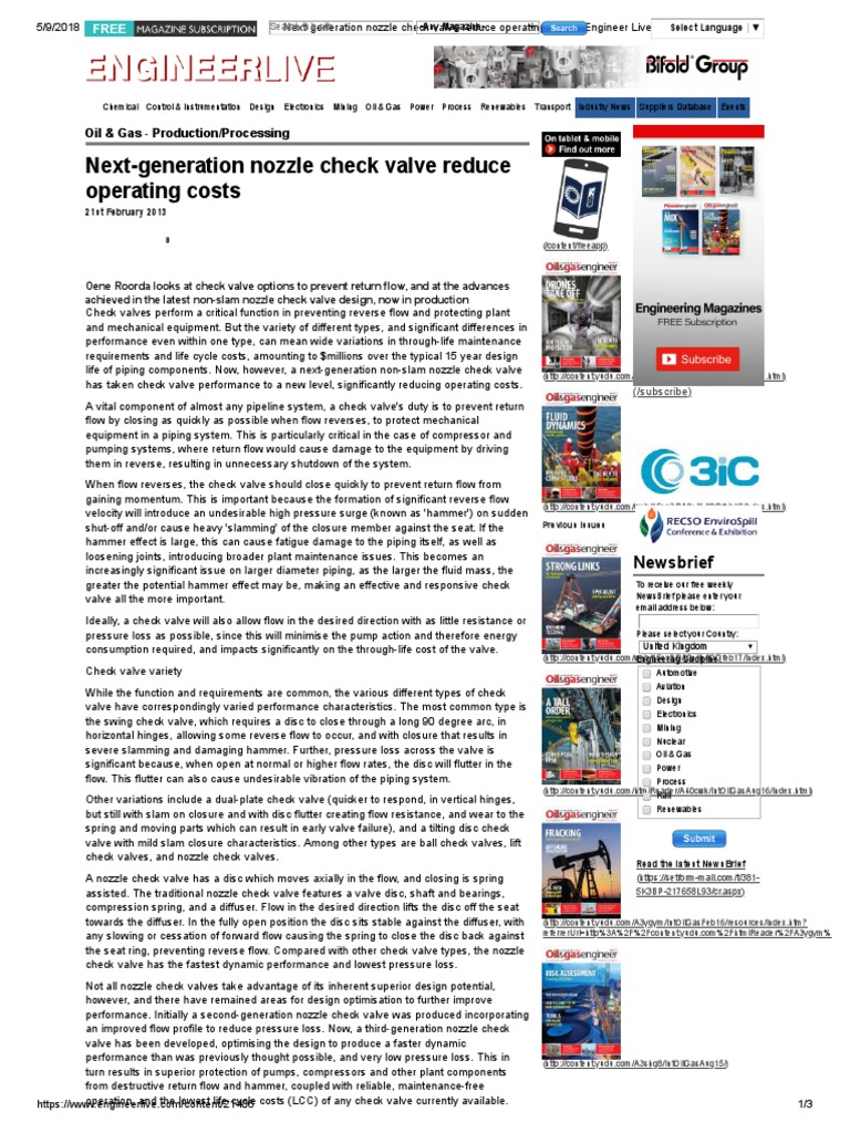 Next-Generation Nozzle Check Valve Reduce Operating Costs - Engineer ...