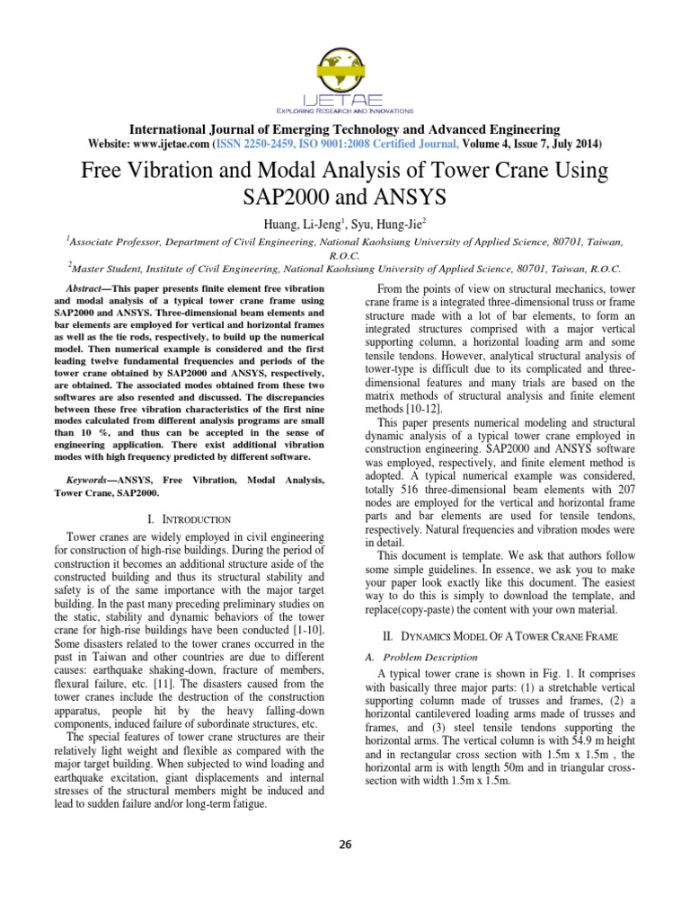 Free Vibration and Modal Analysis of Tower Crane Using SAP2000 and ...