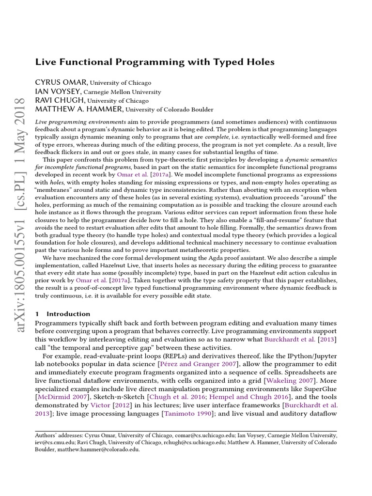 Live Functional Programming With Typed Holes Pdf Programming Language Functional Programming